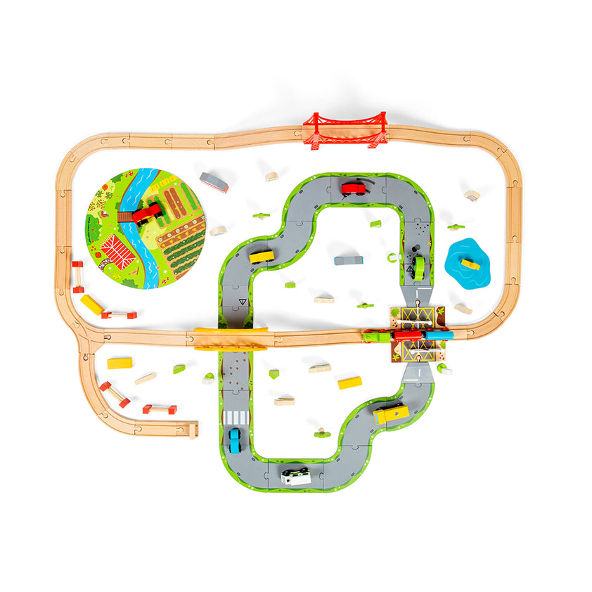 Road & Rail Wooden Train Set | Wooden Railway | Bigjigs Toys