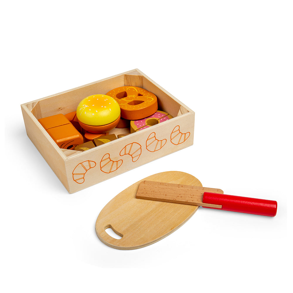 Cutting Bread and Pastries Crate | Wooden Play Food | Bigjigs Toys